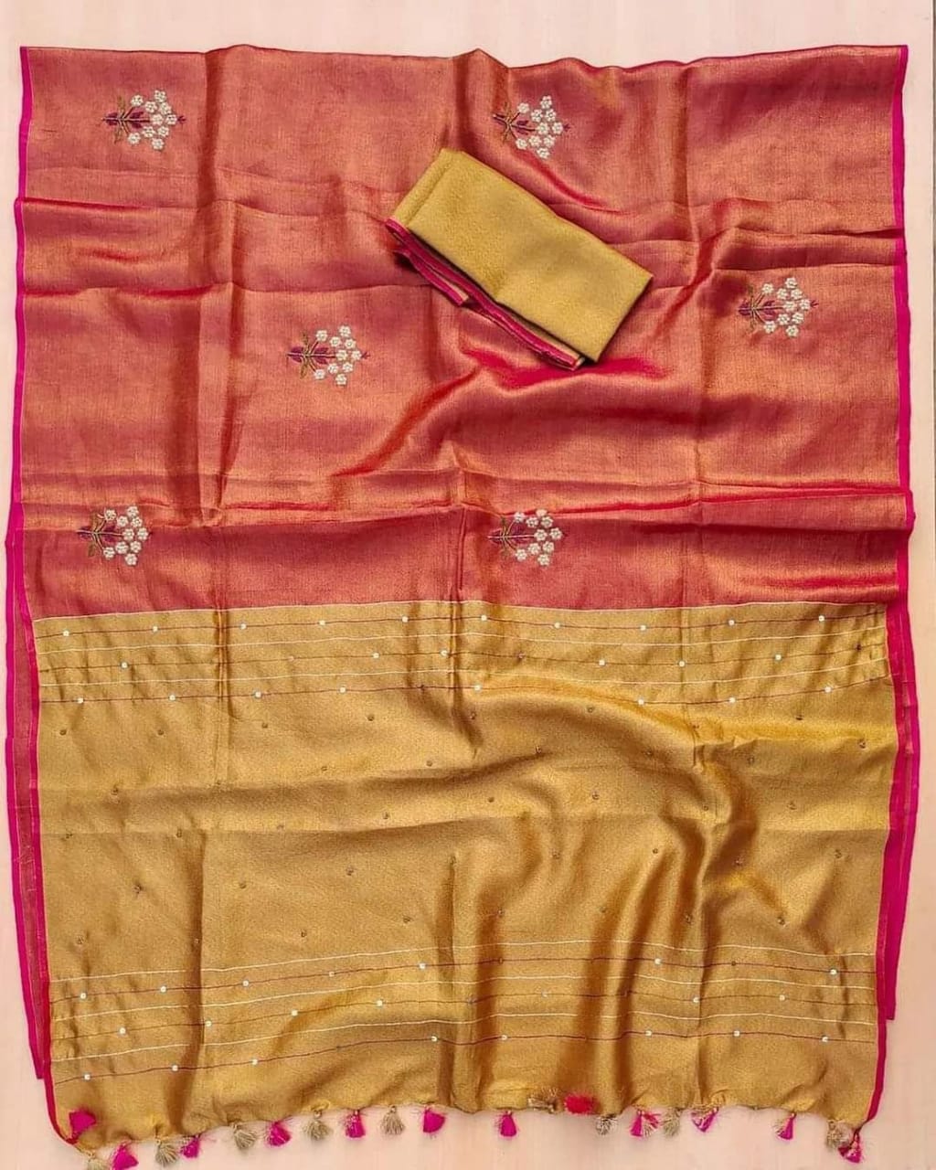 Pure Tissue Linen Saree with Hand Work Embroidery. – thecotlin